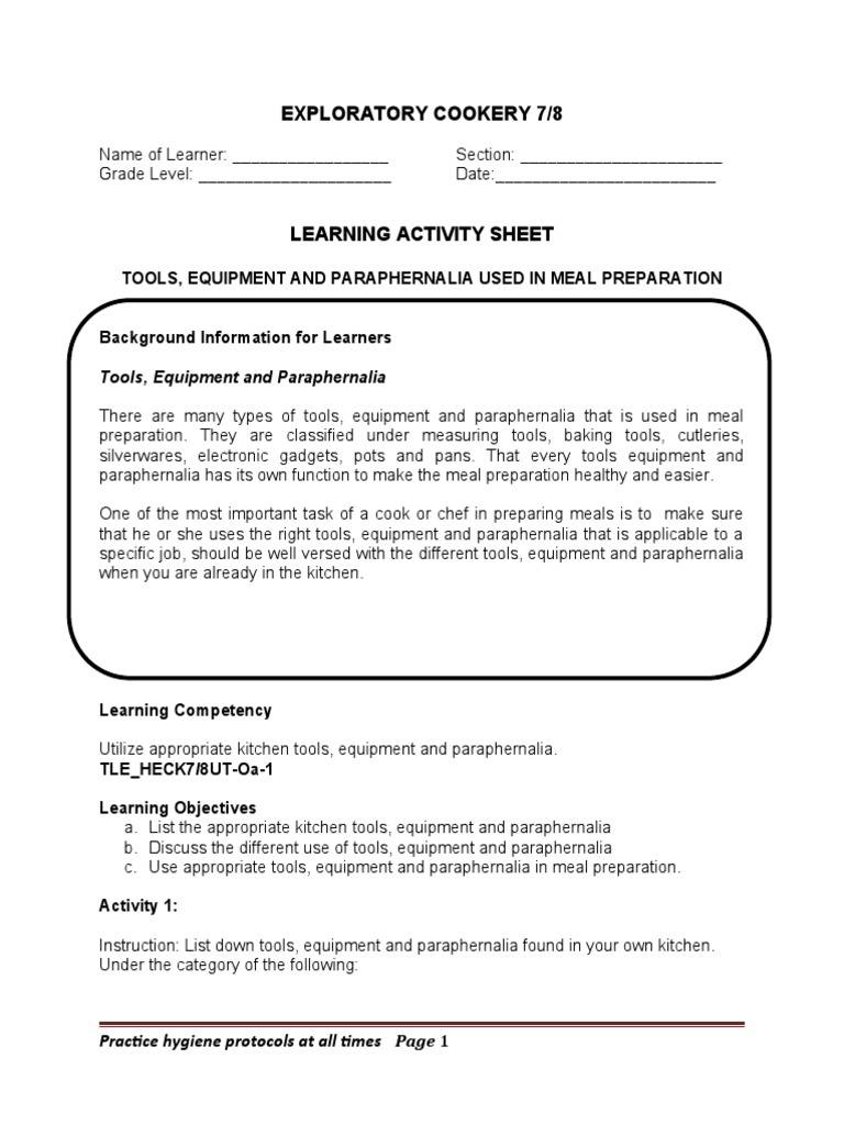 Exploratory Cookery 7/8: Tools, Equipment and Paraphernalia Used in ...