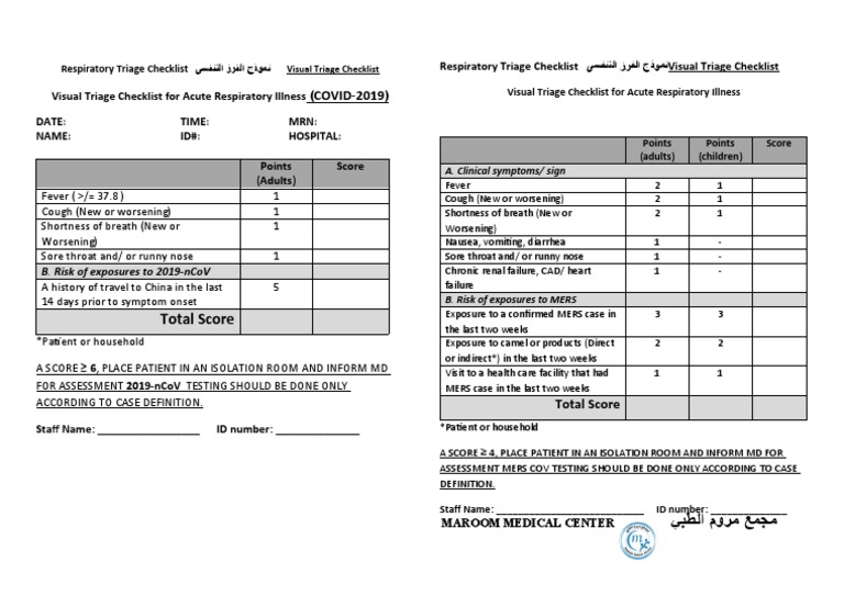 Respiratory Triage Checklist نموذج الفرز التنفسىVisual Triage Checklist ...