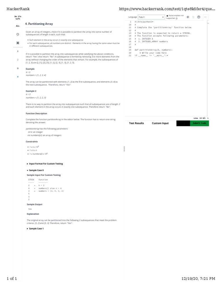 Hackerrank 4 Partitioning Array Pdf Array Data Type Subroutine