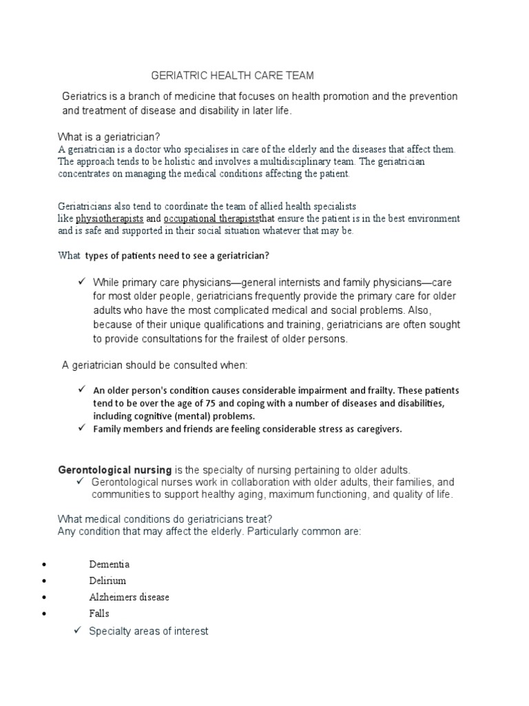 GERIATRICE HEALTH CARE TEAM-Final | PDF | Geriatrics | Physical Therapy