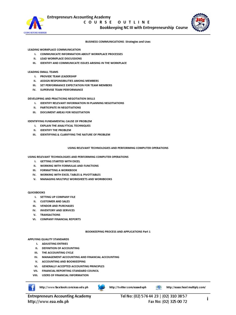 Bookkeeping With Entrepreneurship Course Outline | PDF | Bookkeeping ...