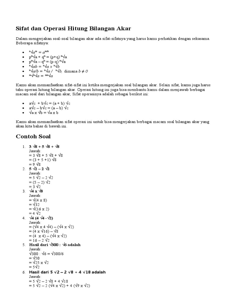 Sifat Dan Operasi Hitung Bilangan Akar | PDF