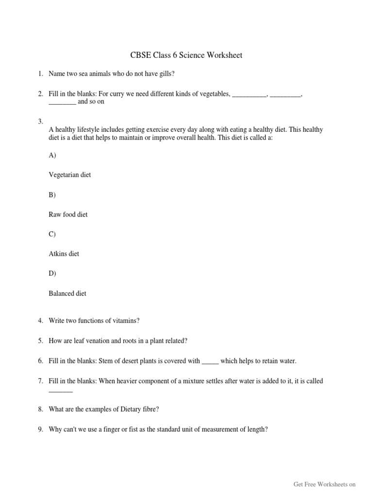 CBSE Class 6 Science Worksheet: Get Free Worksheets On | PDF | Diet ...