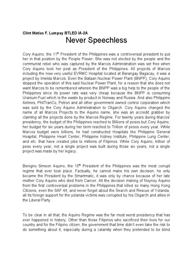 Never Speechless: Clint Matias F. Lumpay BTLED IA-2A | PDF | Corazon ...