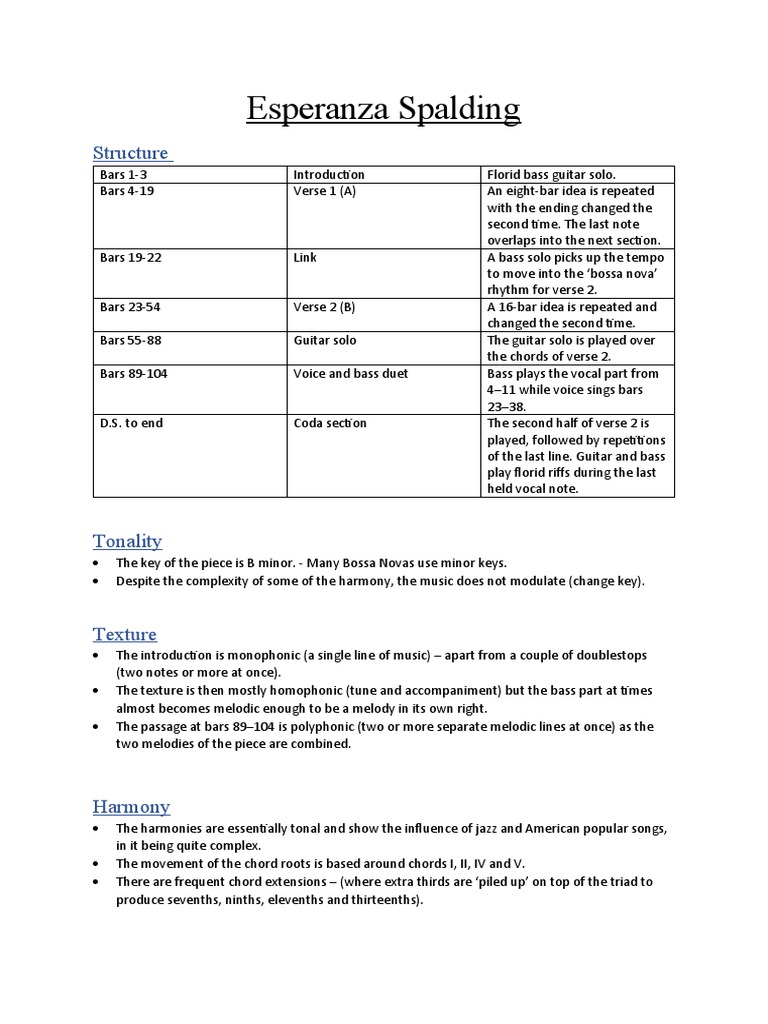 Esperanza Spalding Revision Sheets | PDF | Chord (Music) | Song Structure