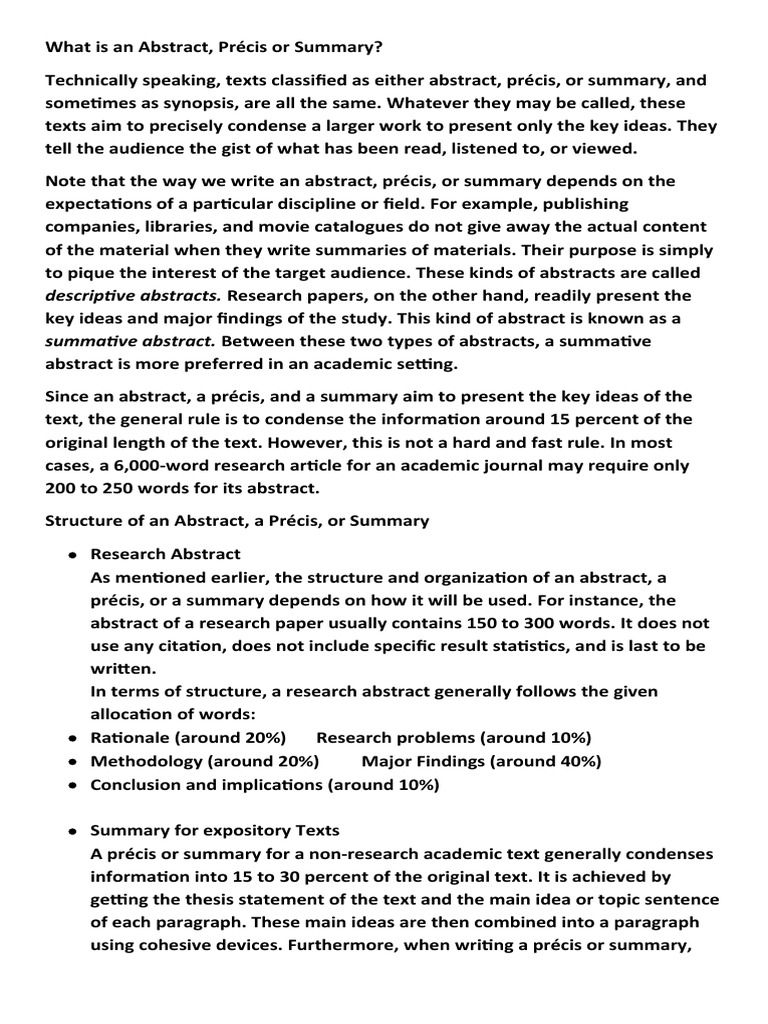 English For Acad. (Abstract, Precis, Summary) | PDF | Abstract (Summary ...