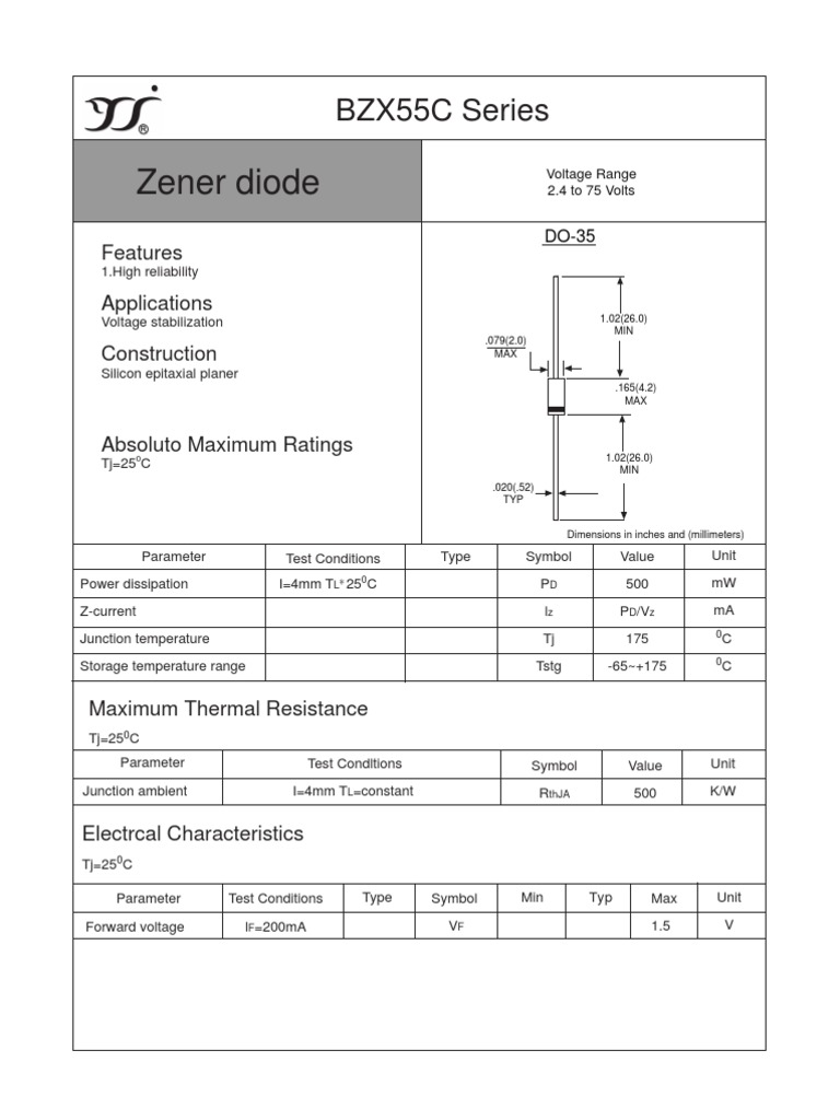 BZX55C Series Zener Diode Voltage Range and Features | PDF | Capacitor | Diode