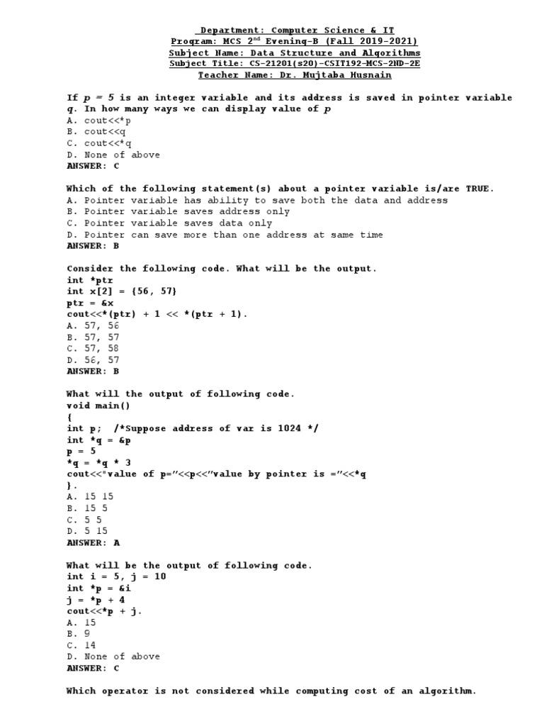 Data Structure And Algorithms Multiple Choice Questions Pdf Array Data Structure Pointer