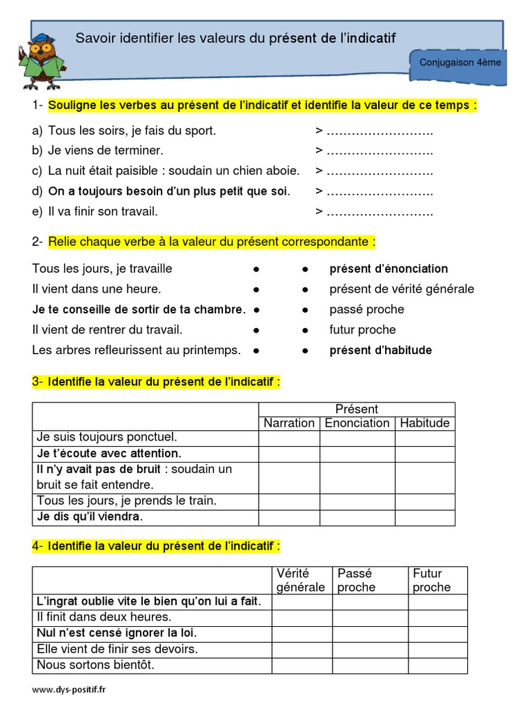 Exercices Valeurs Présent | PDF | Conjugaison | Verbe