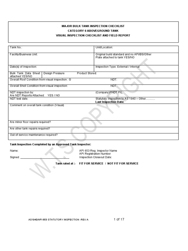 Bulk Tank Inspection Checklist | PDF | Valve | Stairs