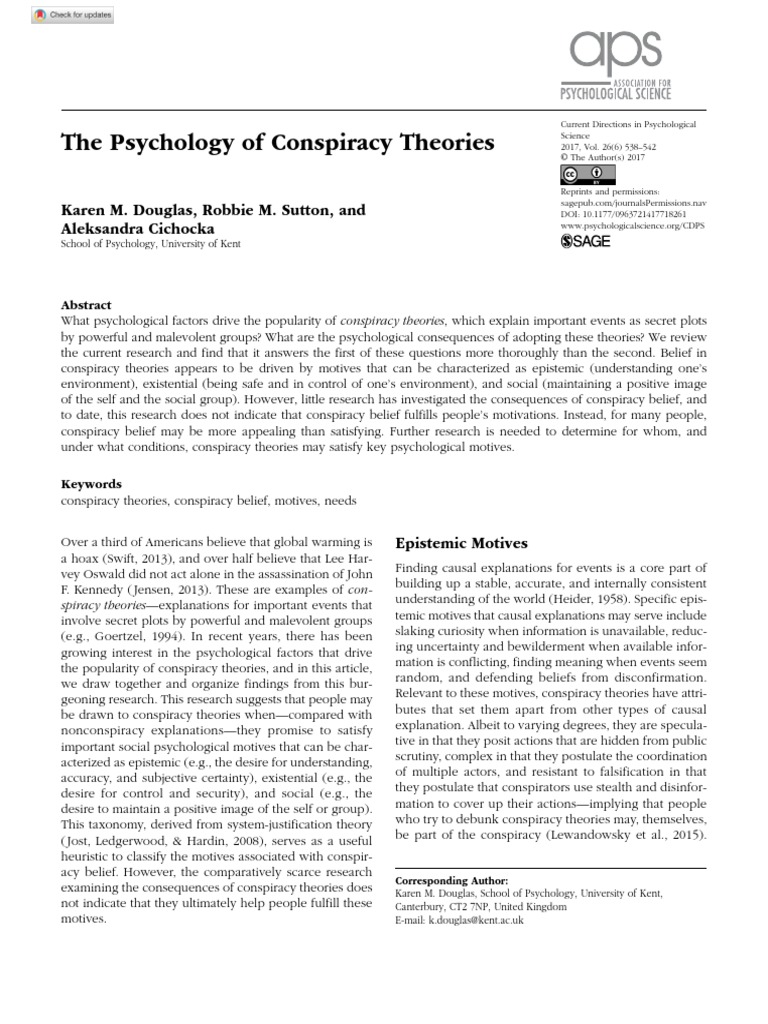 The Psychology of Conspiracy Theories: Karen M. Douglas, Robbie M ...