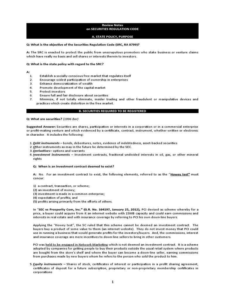 Review Notes On Securities Regulation Code A. State Policy, Purpose ...