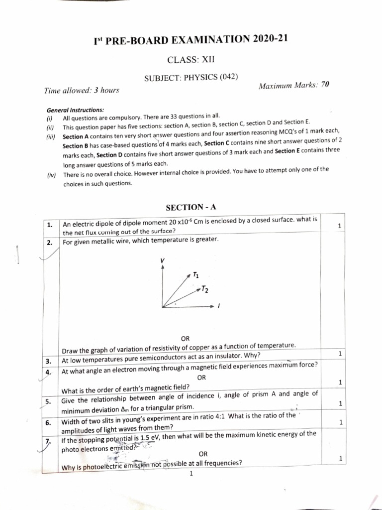Physics Class 12 Pre Board 1st | PDF | Diffraction | Capacitor