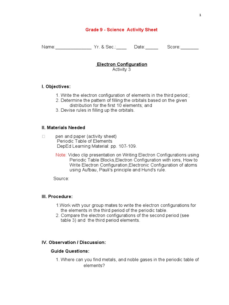 Electron Configuration: Grade 9 - Science Activity Sheet | PDF ...