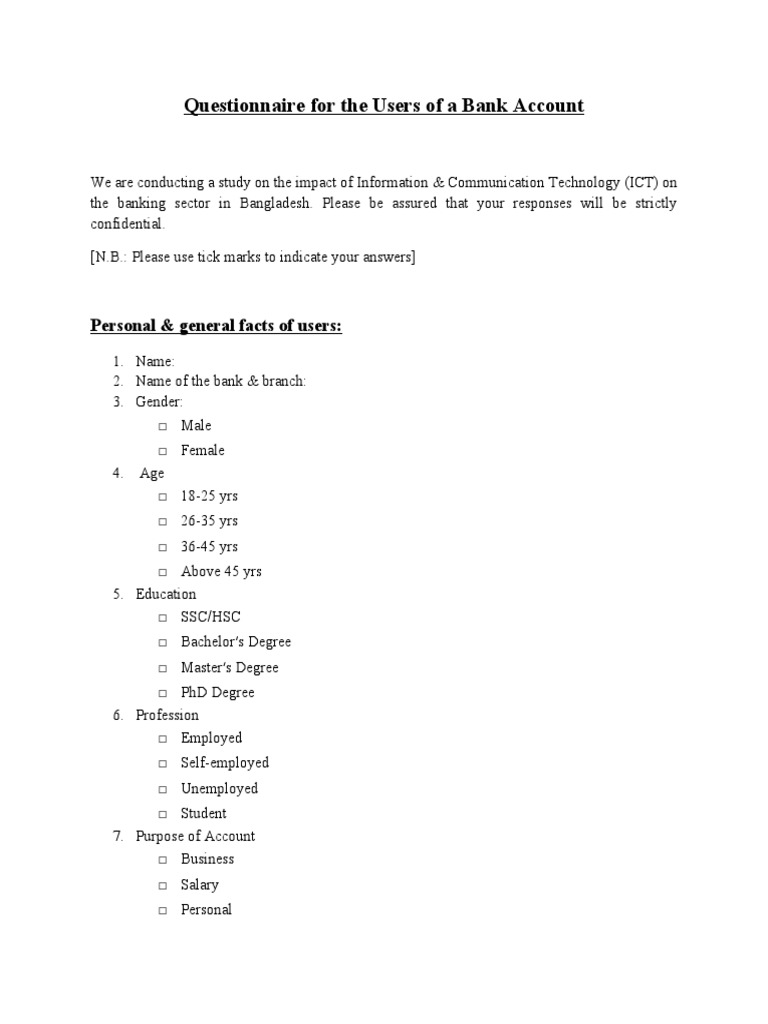 Questionnaire For The Users of A Bank Account | Download Free PDF ...