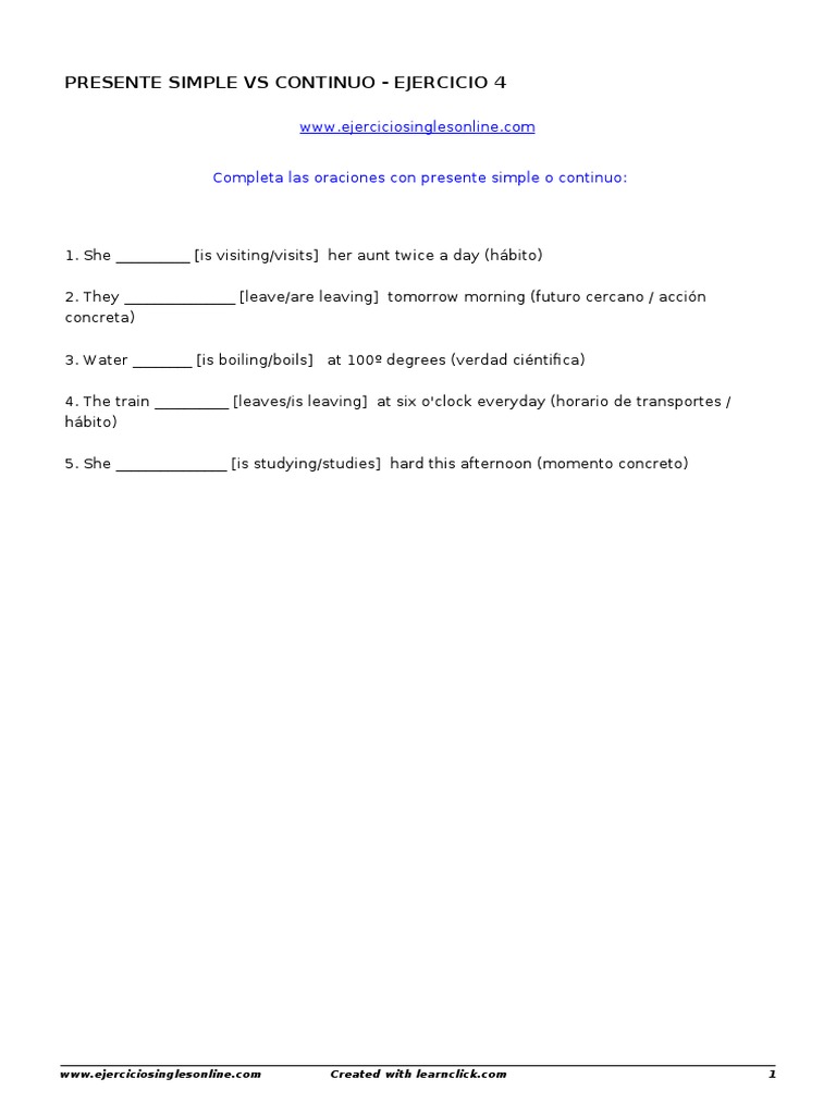 Presente Simple Vs Continuo Ejercicio 4 | PDF | Wellness