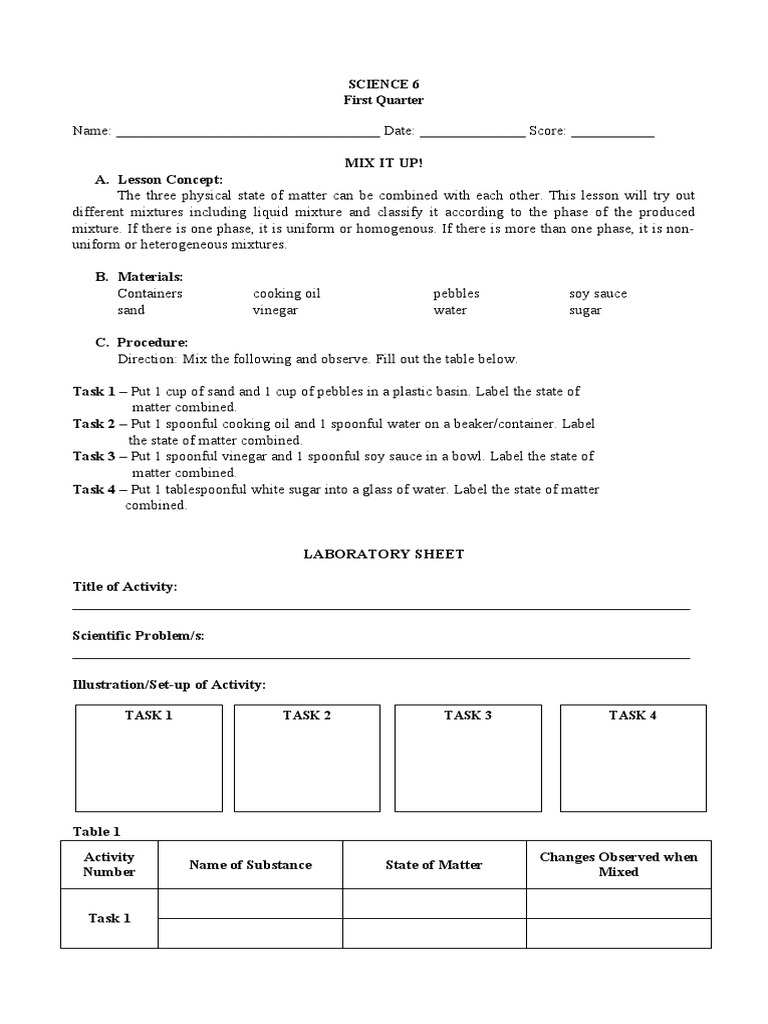 Science 6-Activity Sheets-Performance Tasks | PDF | Mixture | Chemistry