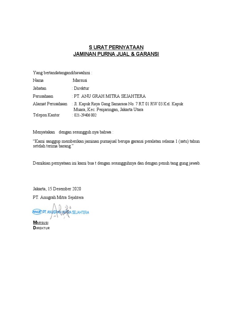 Surat Pernyataan Jaminan Purna Jual | PDF