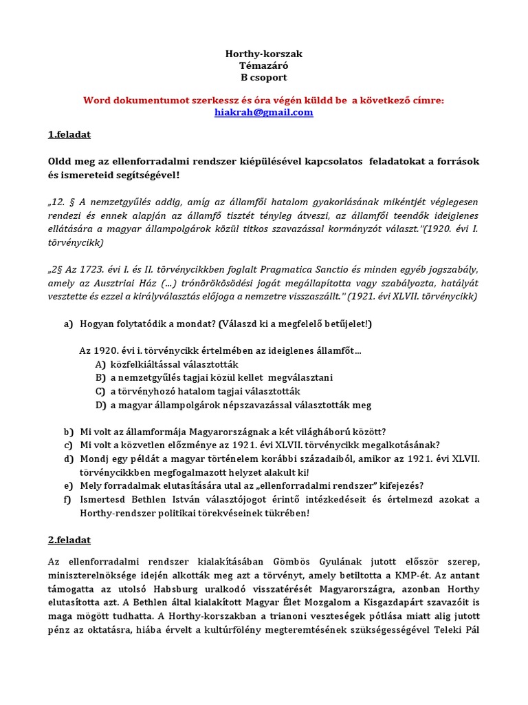 B Csoport Horthy-Korszak Témazáró | PDF