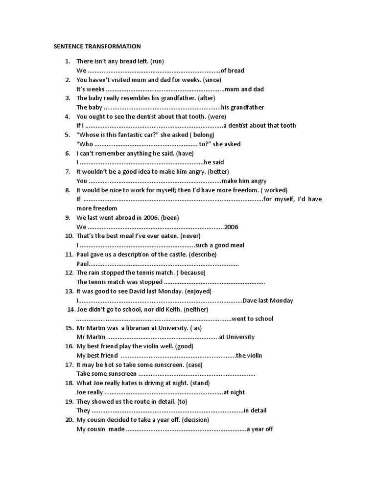 Sentence Transformation Exercises | PDF