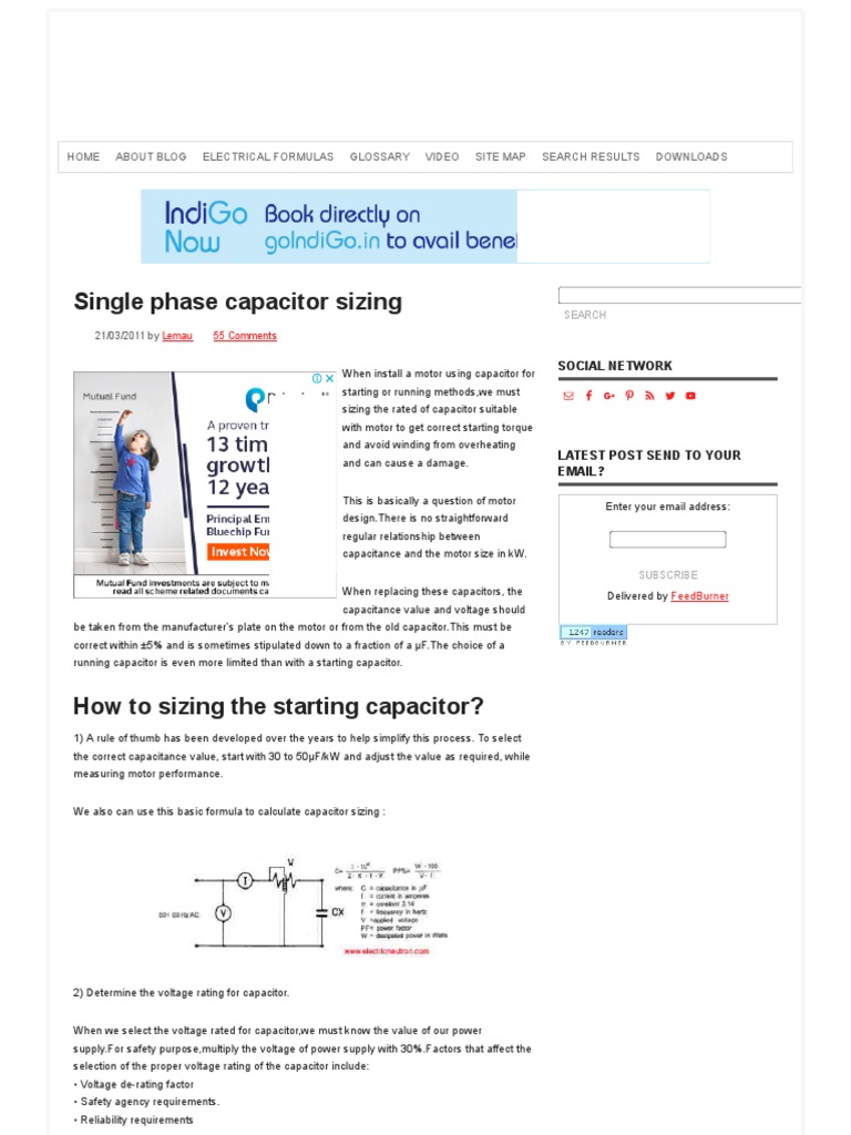 Single Phase Motor Capacitor Sizing Guide | PDF | Capacitor | Electric ...