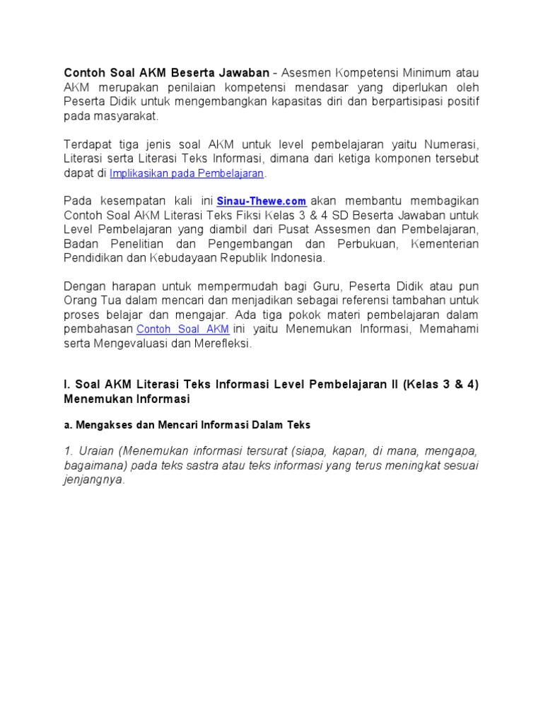 Contoh Soal AKM Literasi Teks Informasi Kelas 3 & $ SD Beserta Jawaban ...