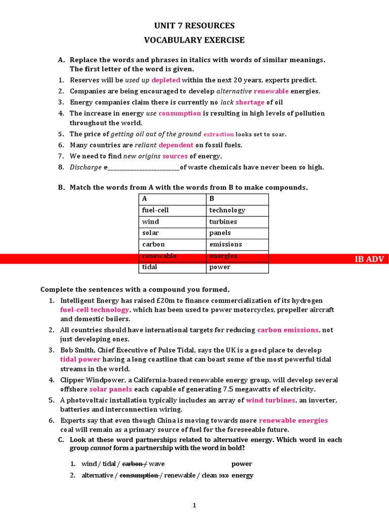 UNIT 7 Voc - Exercises (11868) | PDF | Wind Power | Fossil Fuels