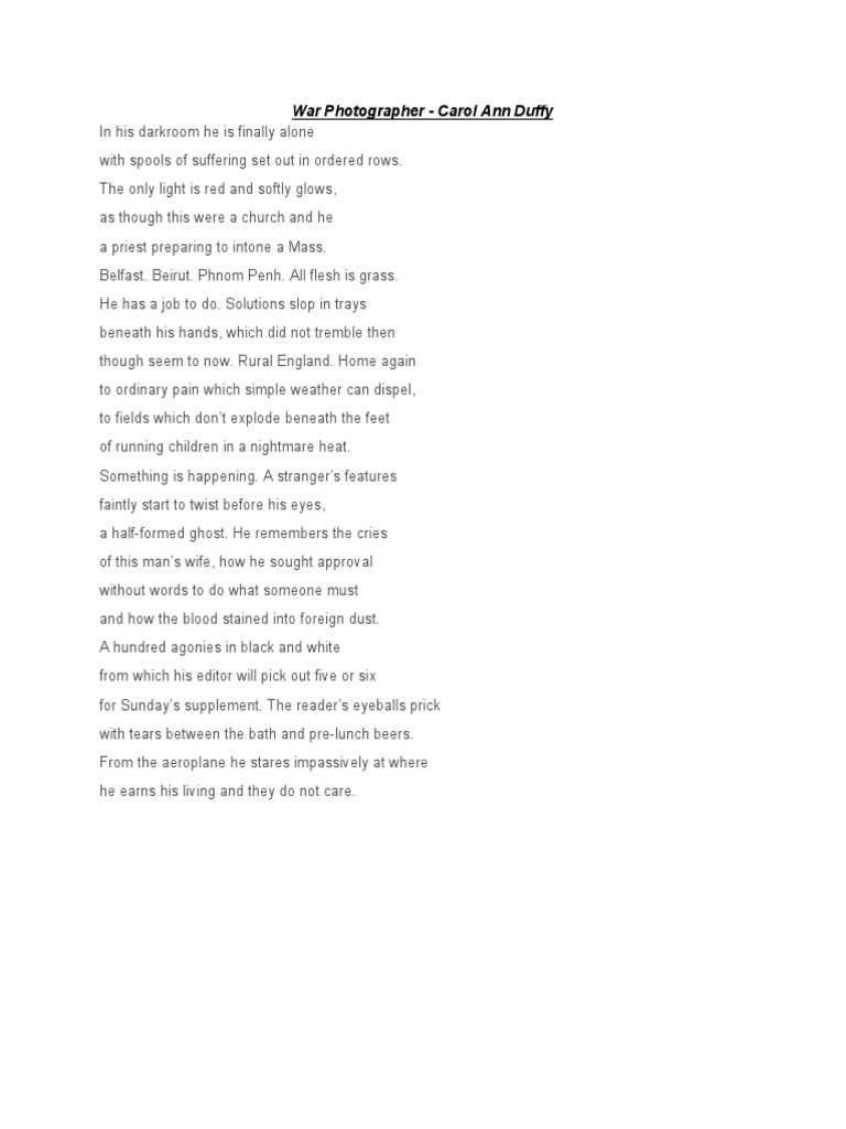 War Photographer - Carol Ann Duffy | PDF