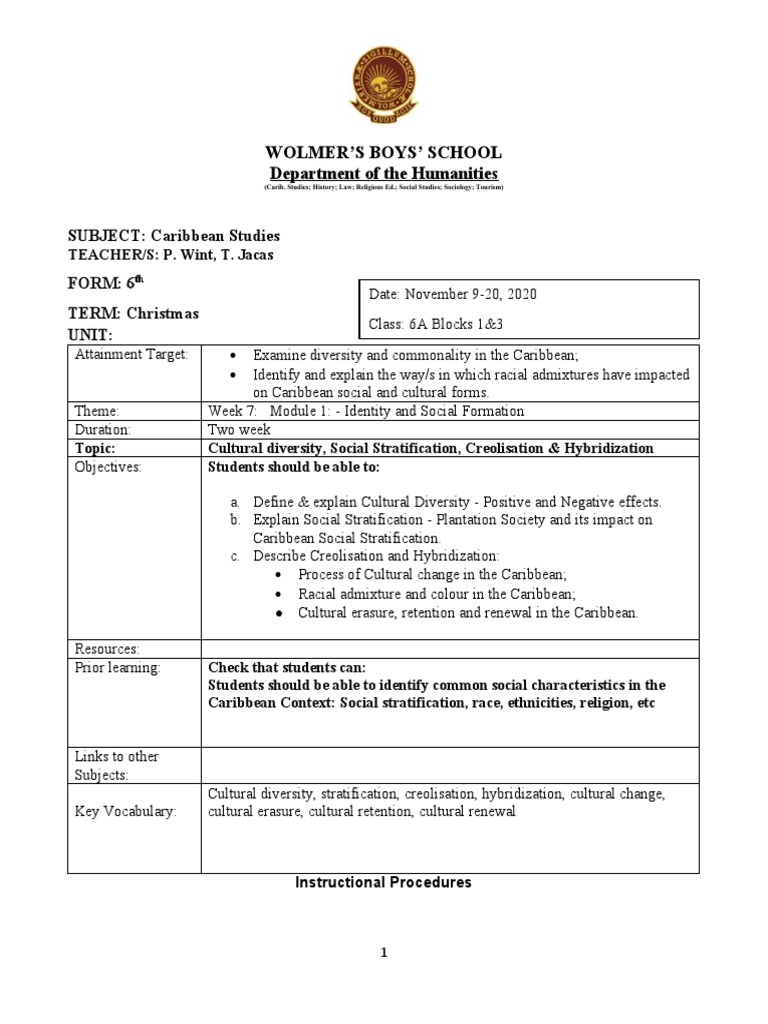 Caribbean Studies Lesson Plan Nov 9-20 | PDF | Social Stratification ...
