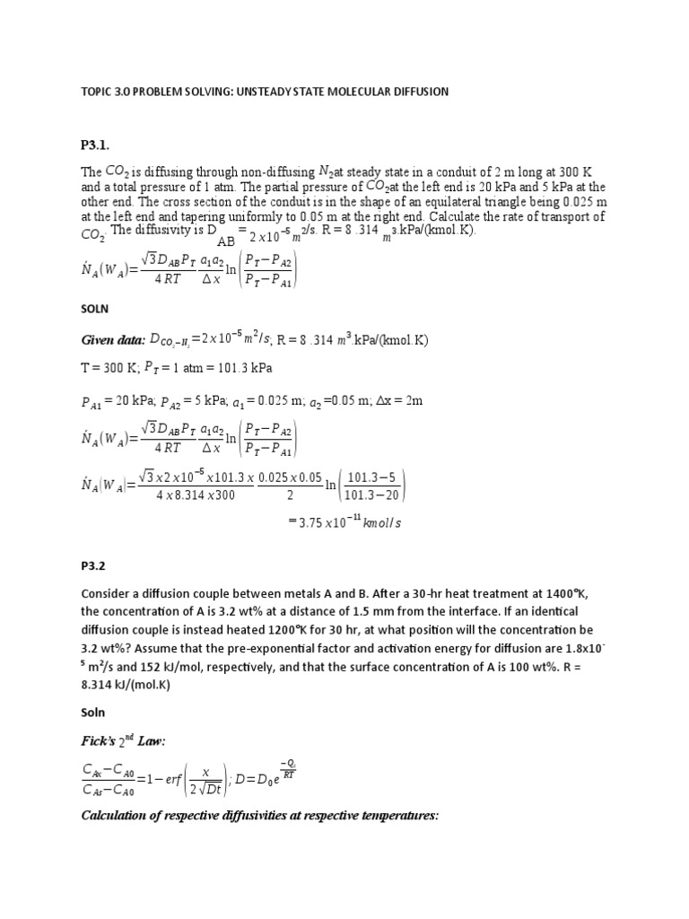 Topic 3.0 TCE2101 Problem Solving Unsteady State Molecular Diffusion | PDF | Classical Mechanics ...