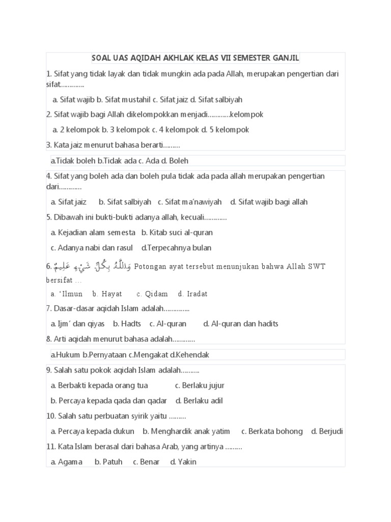 Soal PAS AKidah Akhlak Kelas 7 | PDF