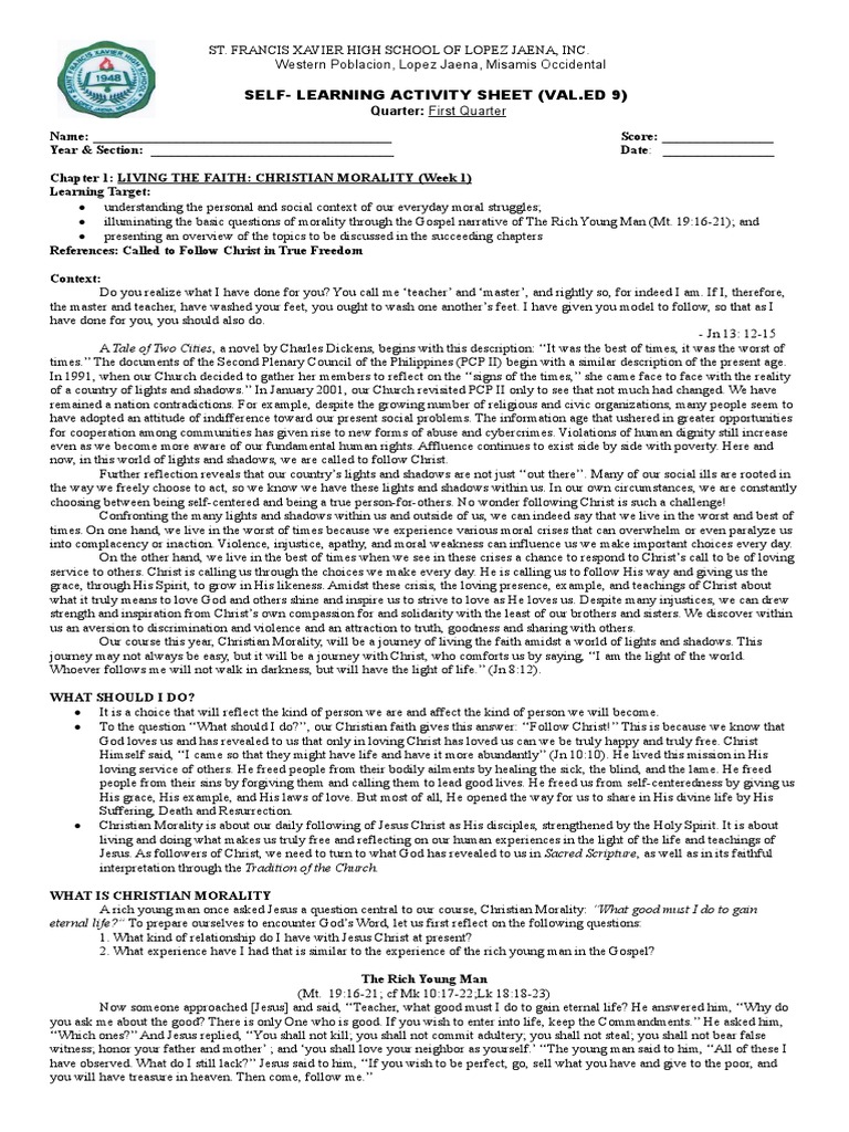 Self-Learning Activity Sheet (Val - Ed 9) | PDF | Bishop | Eternal Life ...