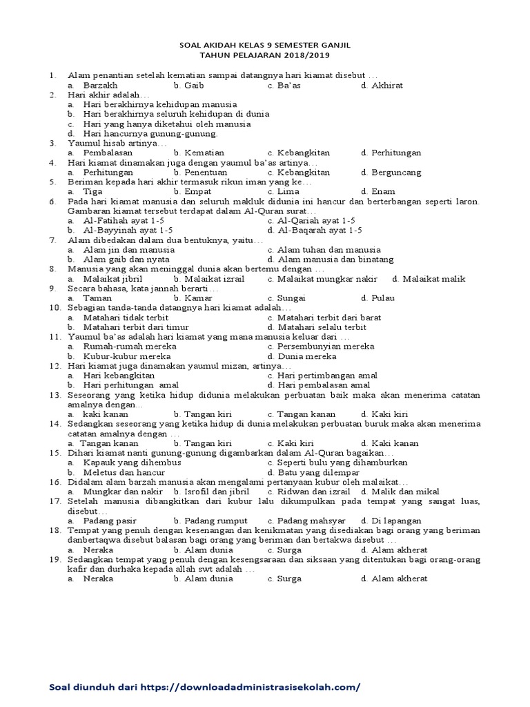 Soal PAS AKidah Akhlak Kelas 9 | PDF