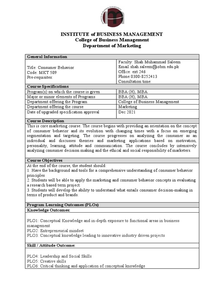 Consumer Behavior: An Analysis of the Syllabus for the MKT 509 Course ...
