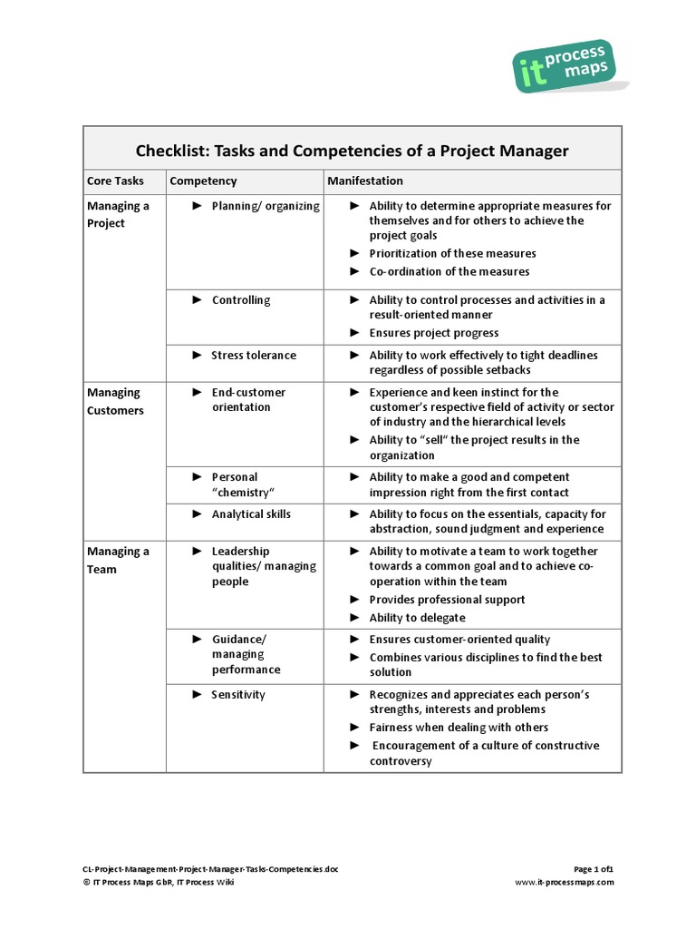 Checklist: Tasks and Competencies of A Project Manager | PDF ...