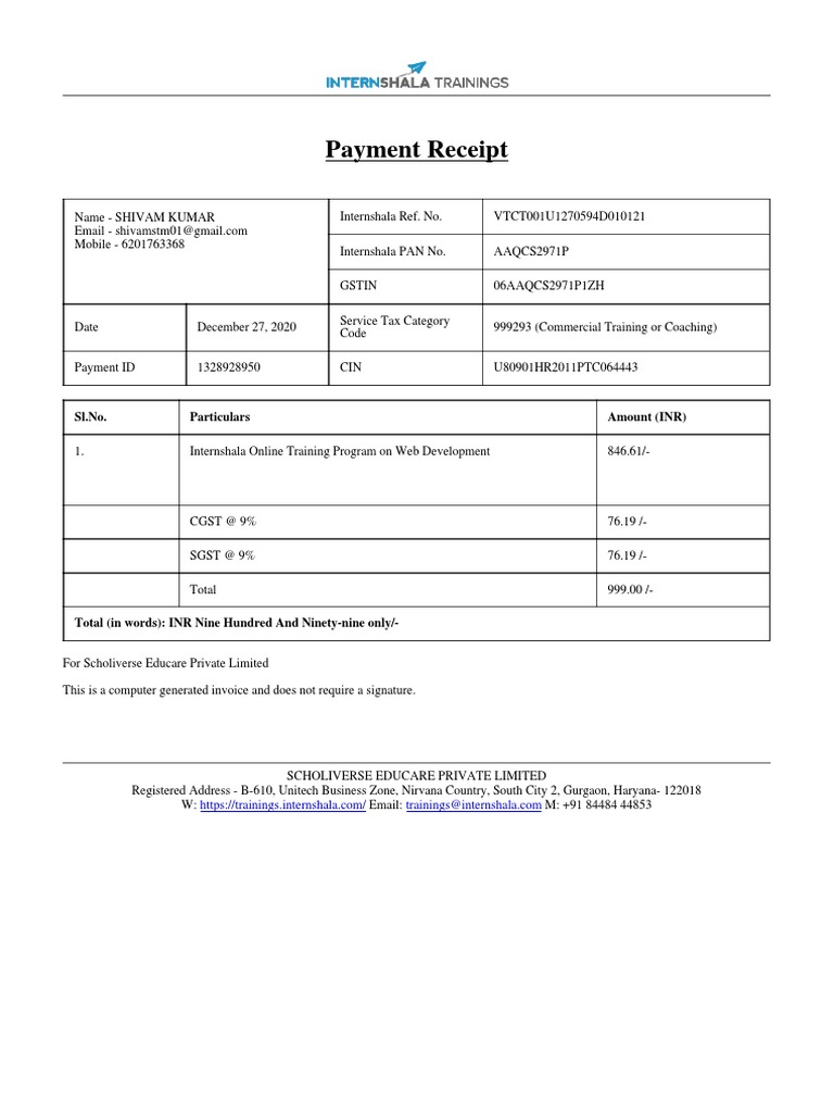 Payment Receipt: SL - No. Particulars Amount (INR) | PDF