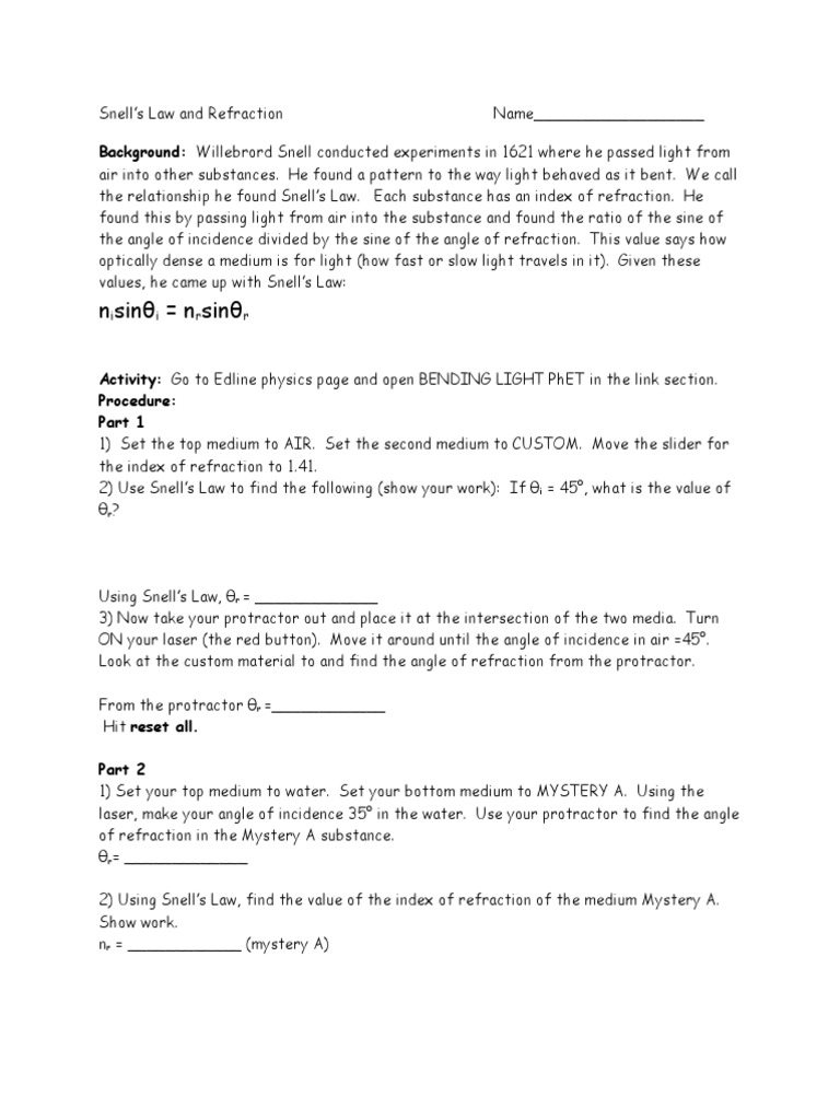 Understanding Snell's Law and Refraction | PDF | Refraction ...