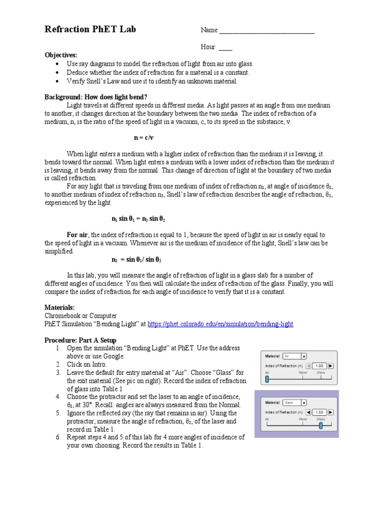 Refraction Phet Lab: Objectives | PDF | Refraction | Refractive Index