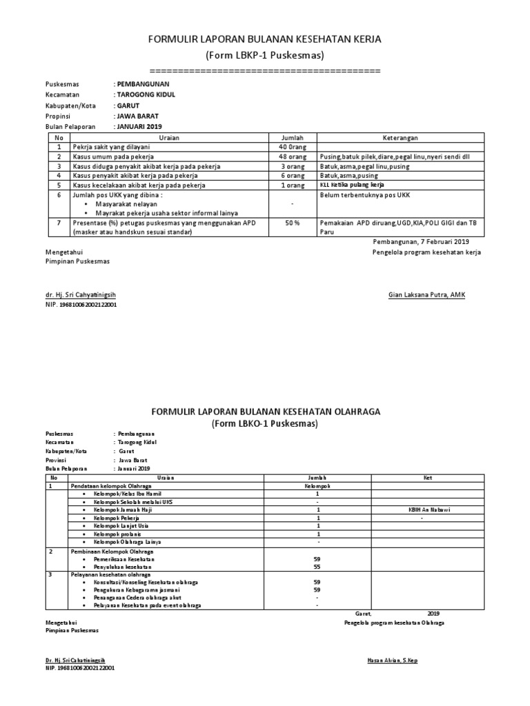 Formulir Laporan Bulanan Kesehatan Kerja | PDF