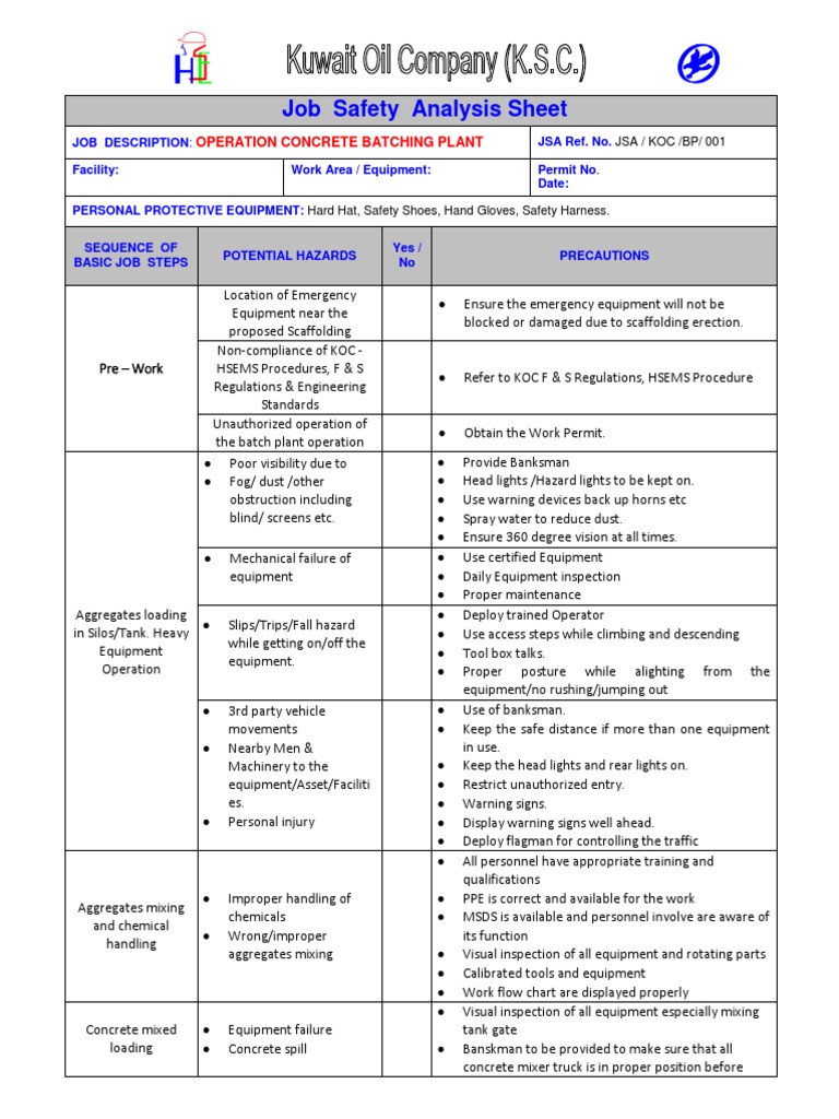 Job Safety Analysis Sheet: Operation Concrete Batching Plant | PDF ...