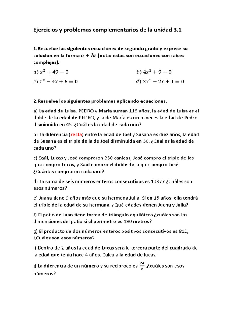 Ejercicios y Problemas Complementarios de La Unidad 3.1 | PDF