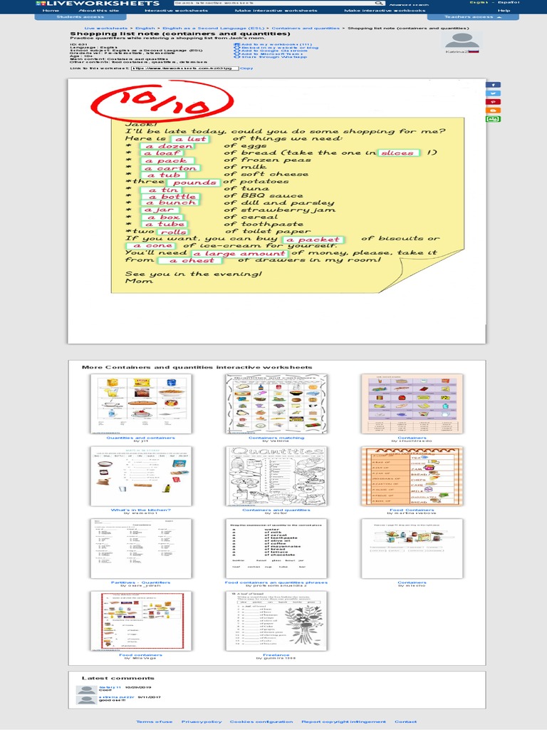 Shopping List Note (Containers and Quantities) Worksheet | PDF ...