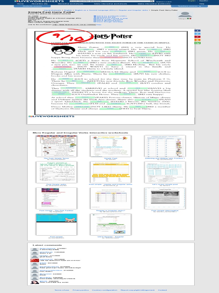 Simple Past Harry Potter Worksheet | PDF | English As A Second Or ...