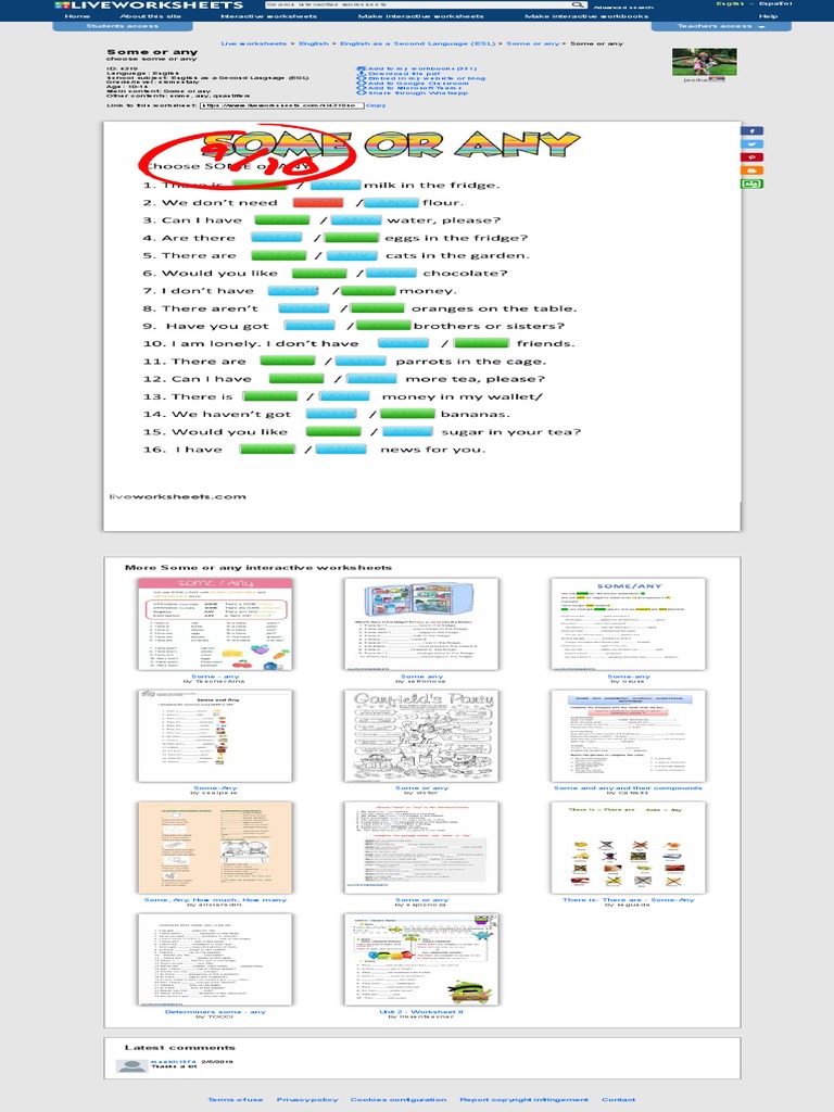 Some or Any Worksheet | PDF | Worksheet | English As A Second Or ...