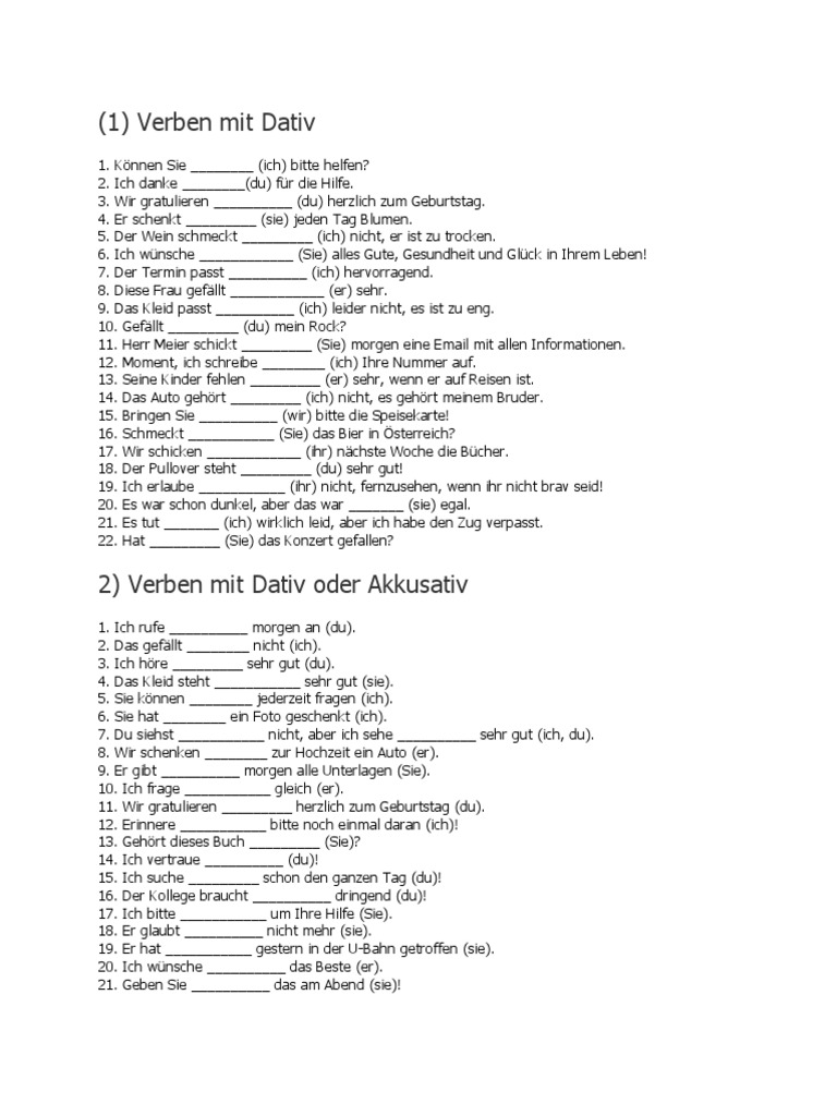 Verben Mitdativundakkusativ Verben Mit Dativ Verben Mit Dativ Und