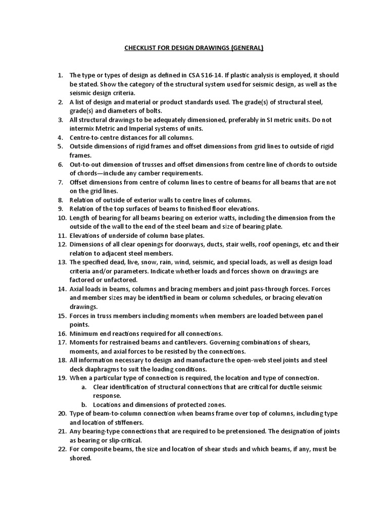 Checklist For Design Drawings (General) | PDF | Truss | Beam (Structure)