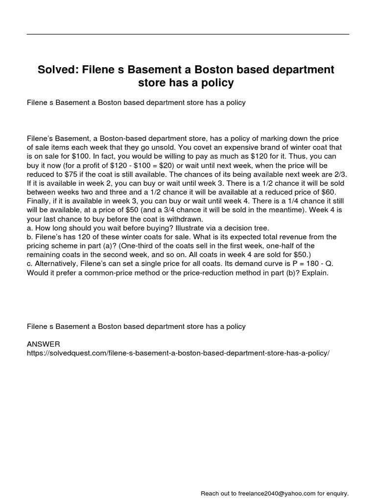 Filene S Basement A Boston Based Department Store Has A Policy | PDF ...