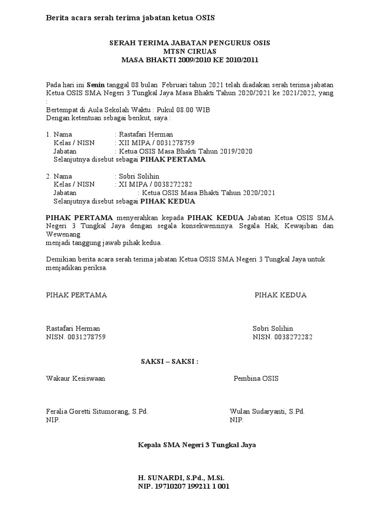 Berita-Acara-Serah-Terima-Jabatan-Ketua-OSIS 2021 | PDF