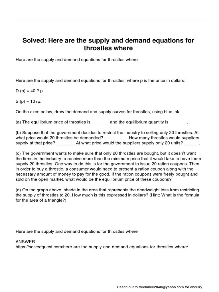 Here Are The Supply and Demand Equations For Throstles Where | Download ...