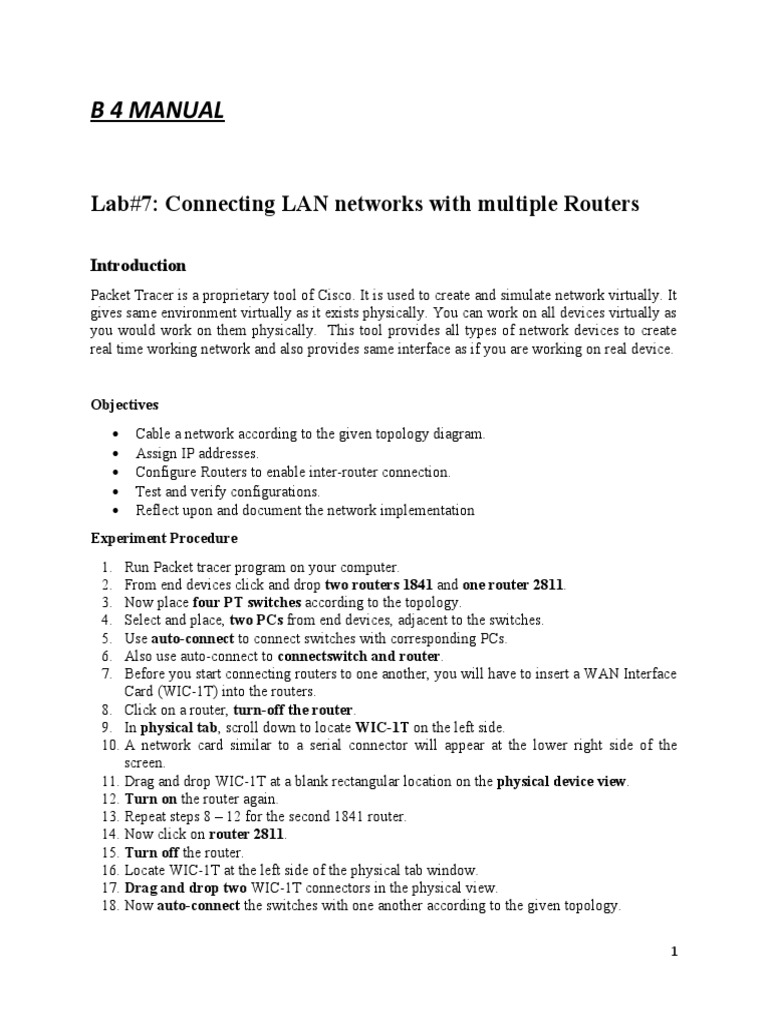 B 4 Manual: Lab#7: Connecting LAN Networks With Multiple Routers | PDF | Router (Computing) | Ip ...